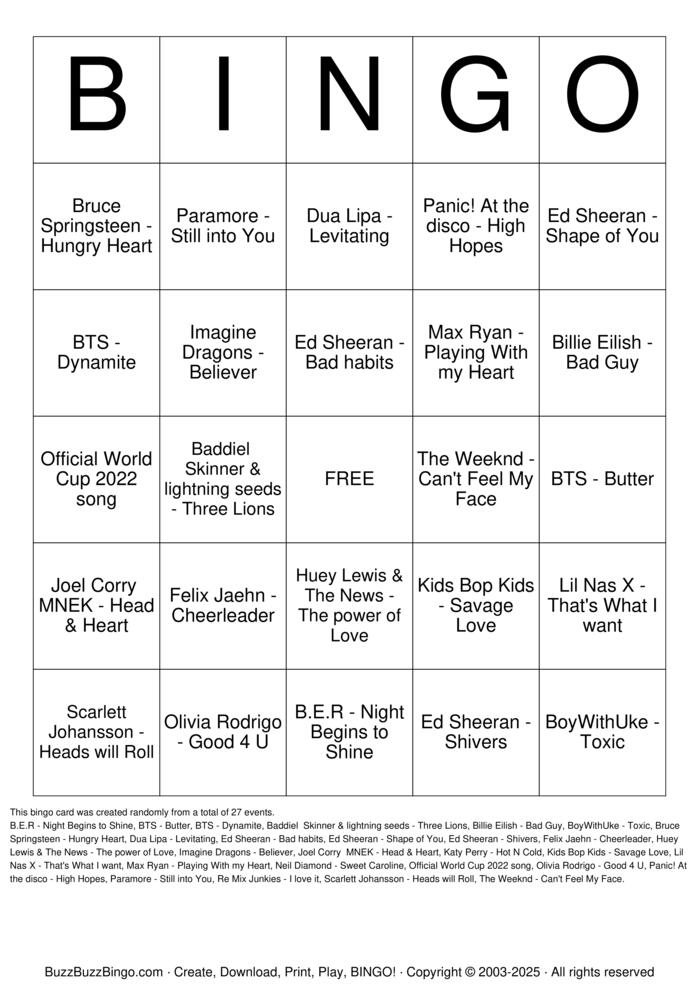 kids bop Bingo Cards to Download, Print and Customize!