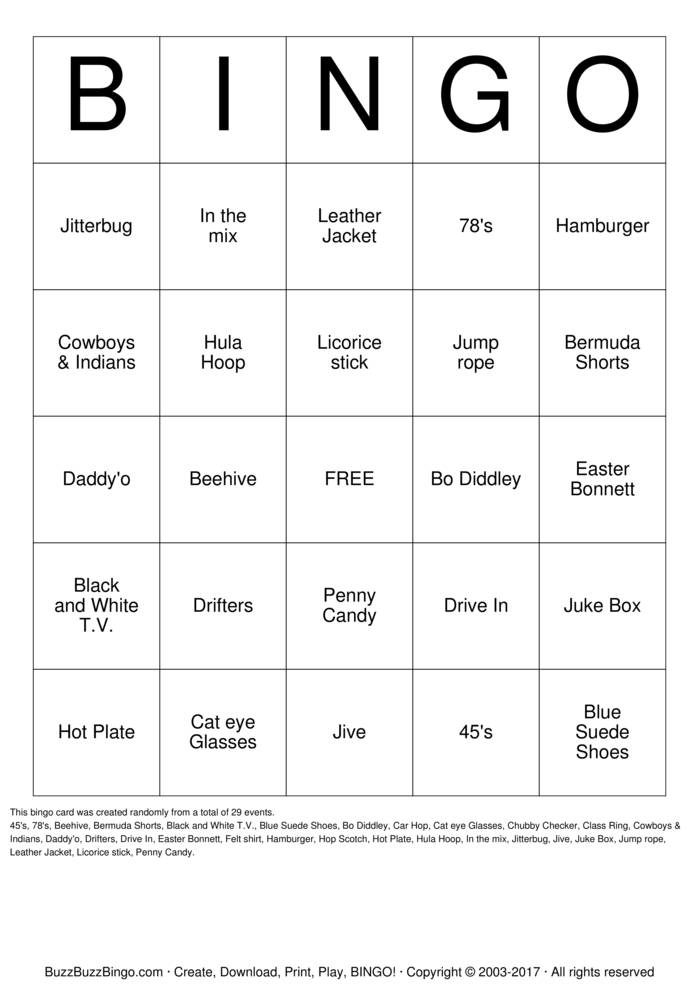 1950's Bingo Cards to Download, Print and Customize!