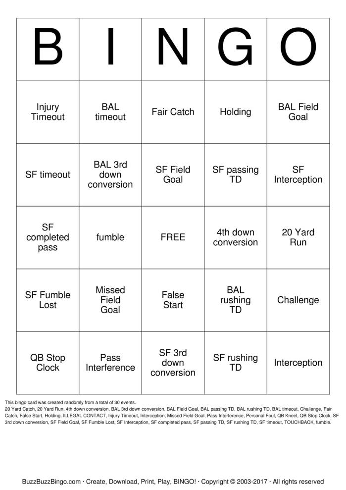 2013 Superbowl BAL vs SF Bingo Cards to Download, Print and Customize!