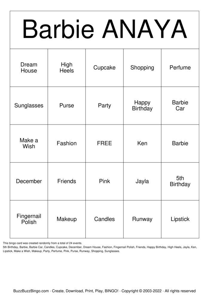 Barbie Bingo Cards to Download, Print and Customize!