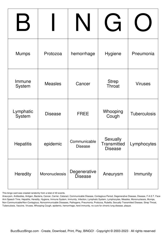 Disease Prevention Bingo Bingo Cards to Download, Print and Customize!