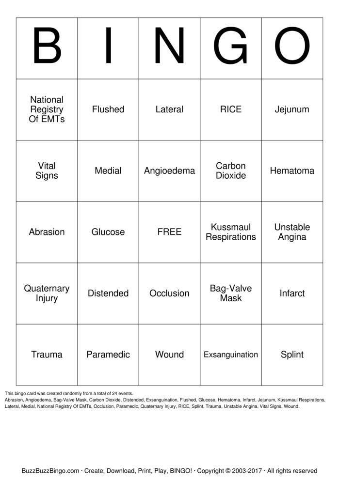 EMS Bingo Cards to Download, Print and Customize!