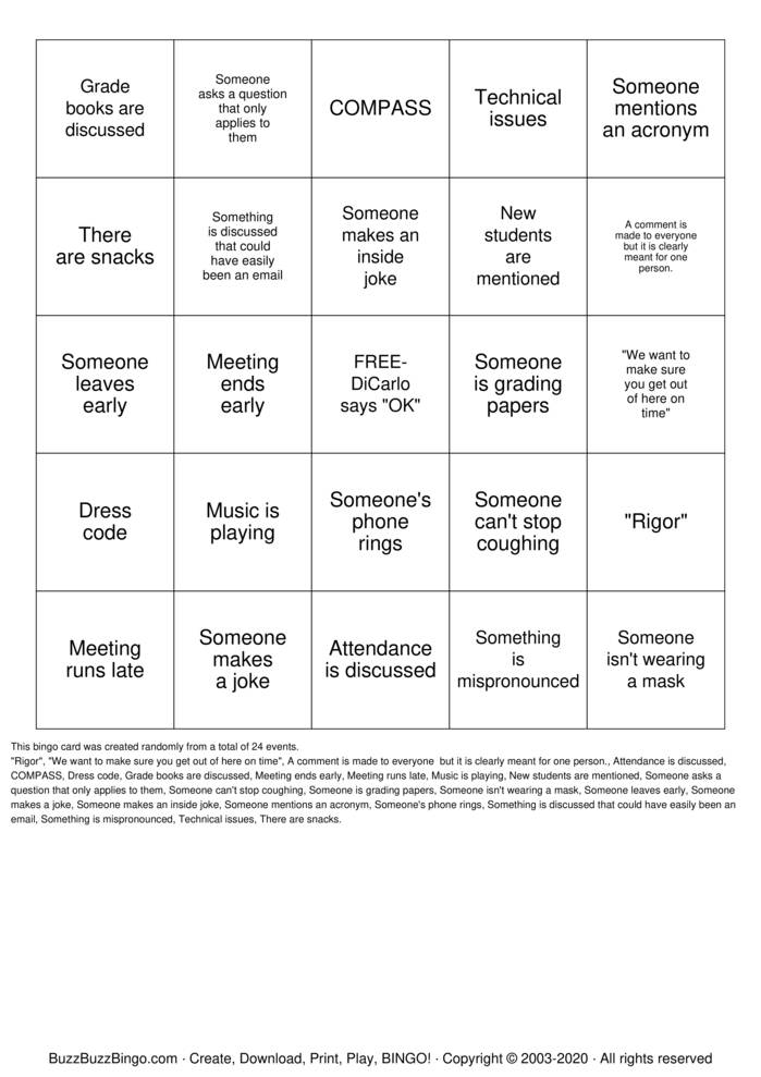 Faculty meeting BINGO Bingo Cards to Download, Print and Customize!