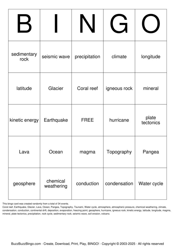 Geology Bingo Bingo Cards to Download, Print and Customize!