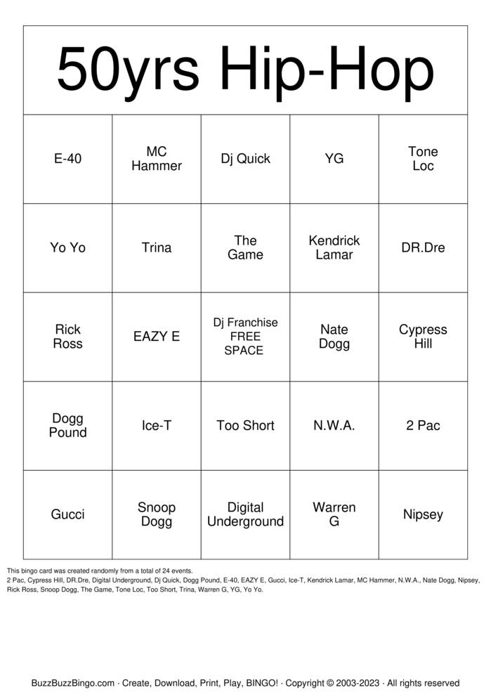 Hip hop Bingo Cards to Download, Print and Customize!