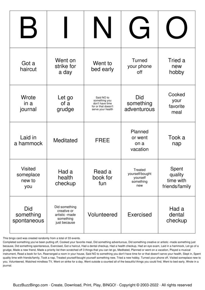 Mental Health Awareness: Self Care BINGO Bingo Cards to Download, Print ...