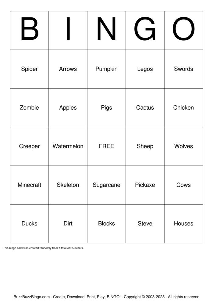 Minecraft Bingo Cards to Download, Print and Customize!