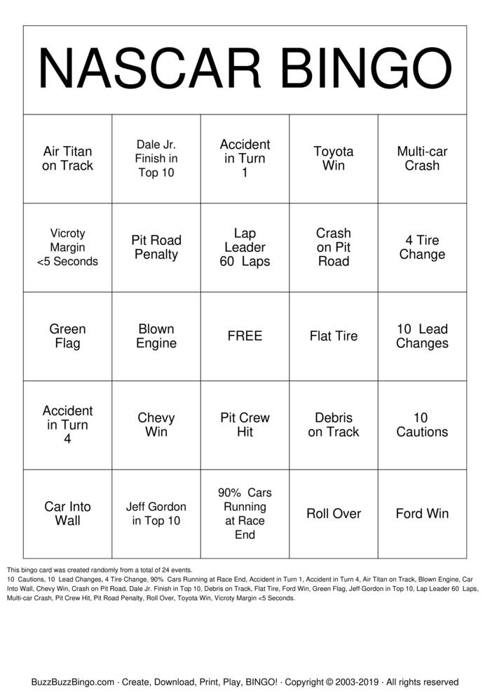 NASCAR Bingo Cards to Download, Print and Customize!