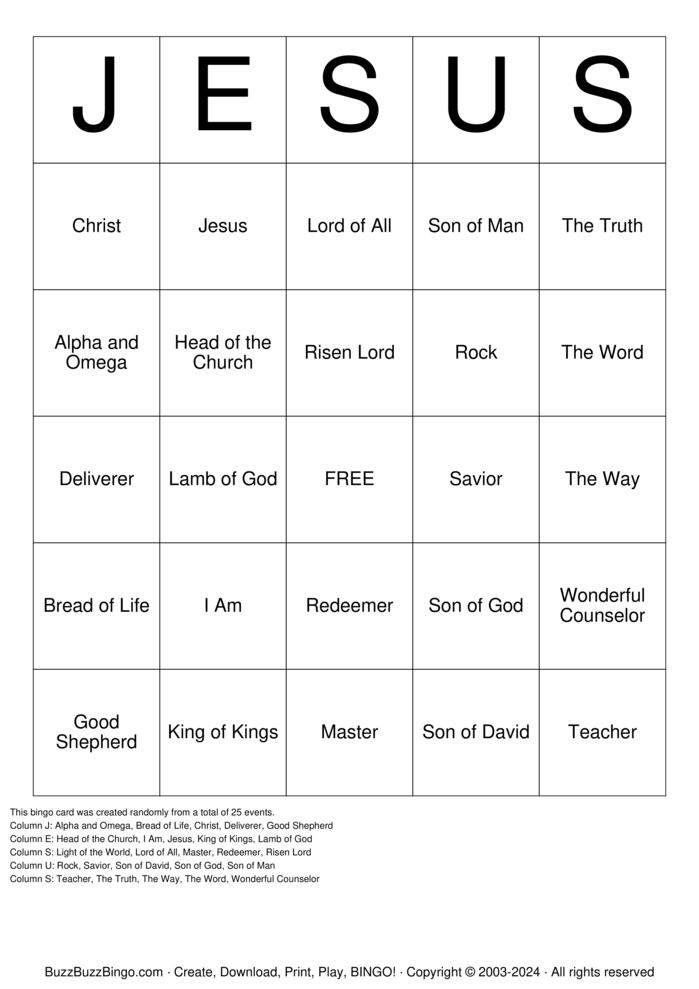 Names of Jesus Bingo Cards to Download, Print and Customize!