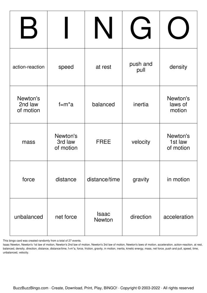 Newton's Laws Bingo Cards to Download, Print and Customize!