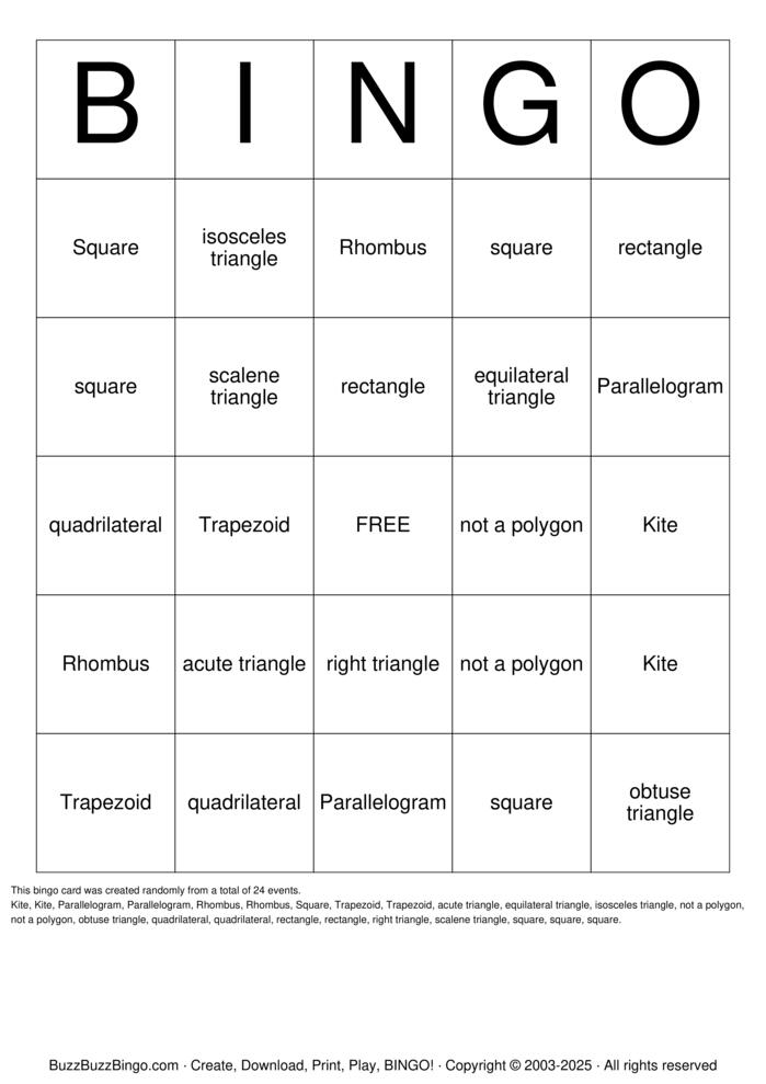 Polygon and Quadrilateral Bingo Cards to Download, Print and Customize!