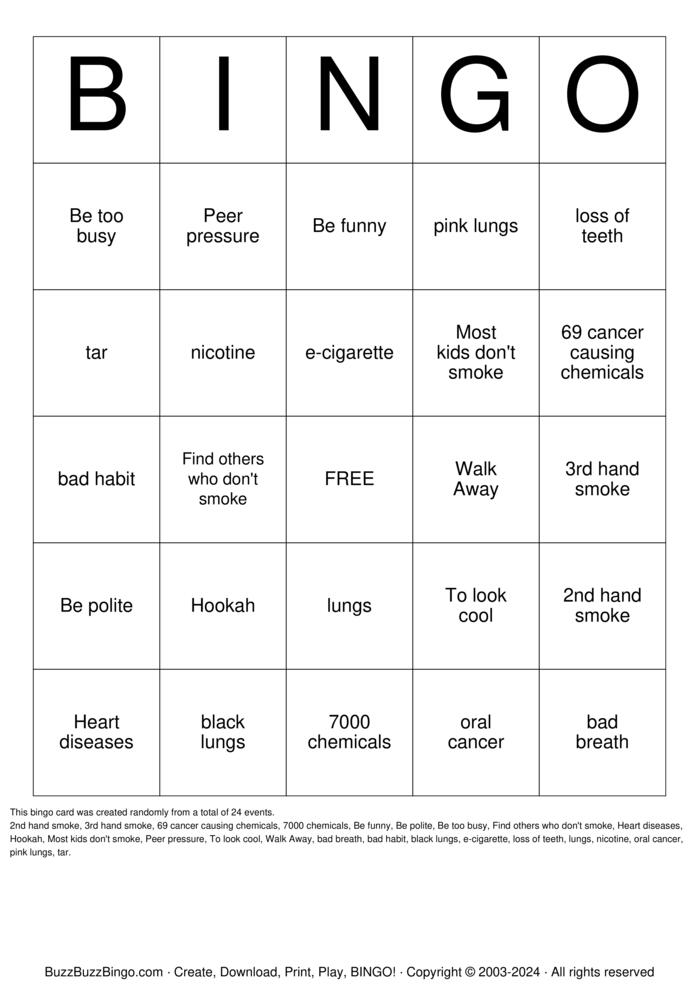 Smoking Prevention Bingo Bingo Cards to Download, Print and Customize!