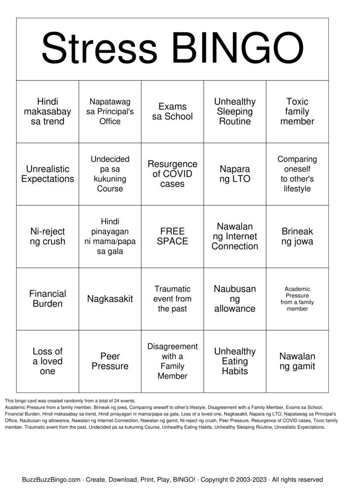Stress Bingo Cards to Download, Print and Customize!