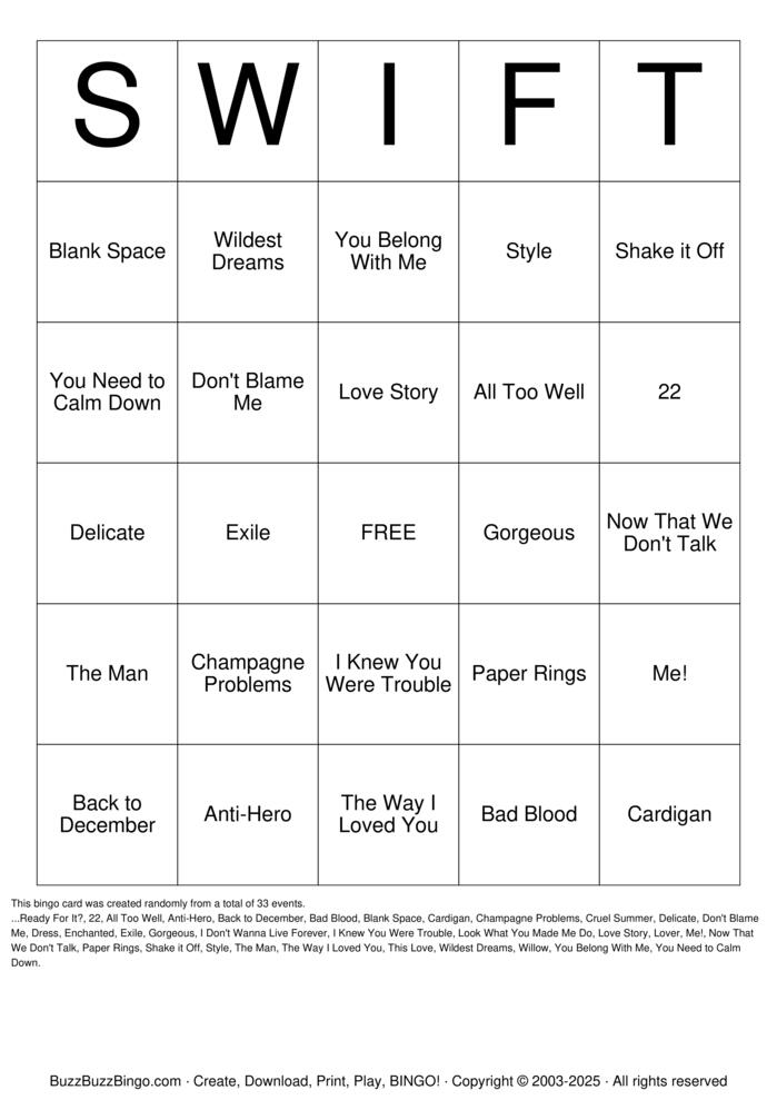 Taylor Swift Songs Bingo Cards to Download, Print and Customize!