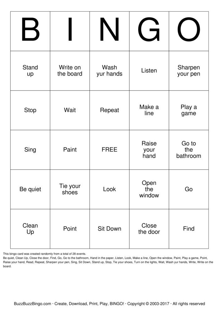 classroom commands Bingo Cards to Download, Print and Customize!