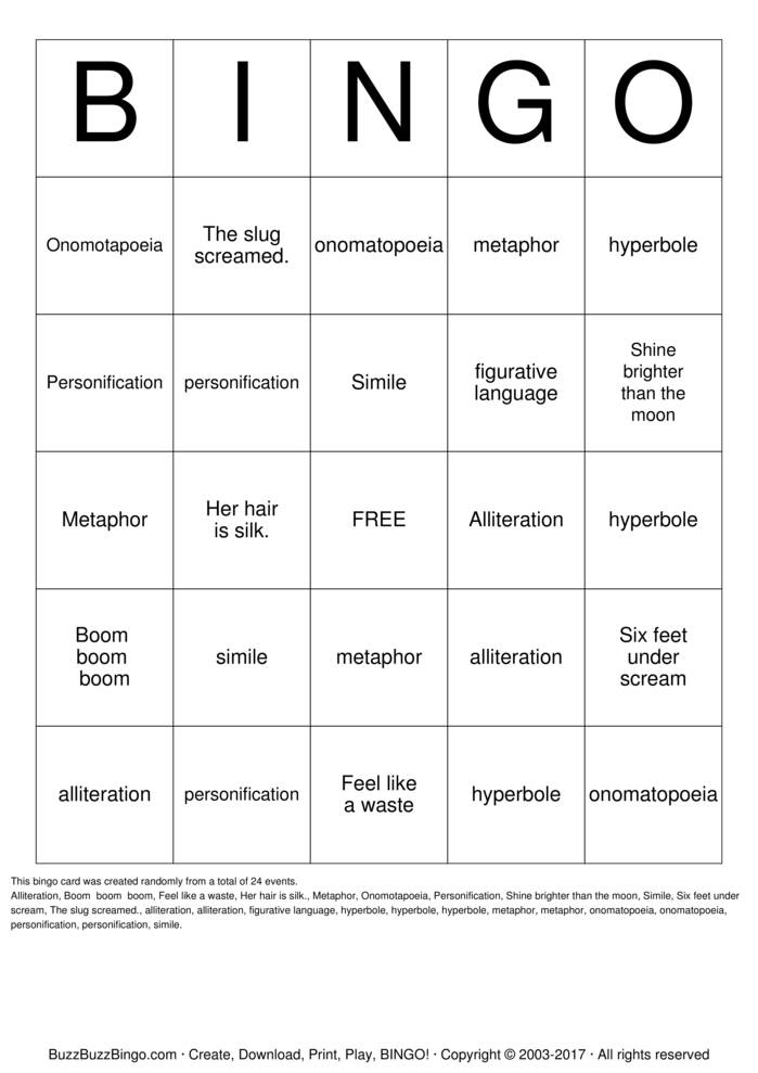 metaphor Bingo Cards to Download, Print and Customize!