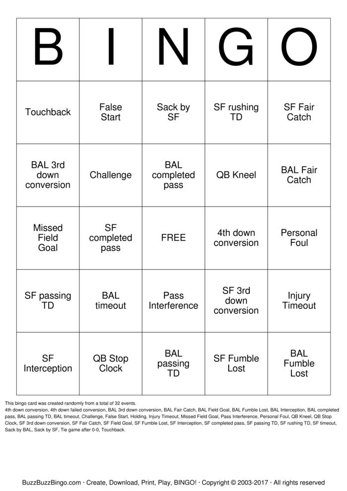 2013 Superbowl BAL vs SF Bingo Cards to Download, Print and Customize!