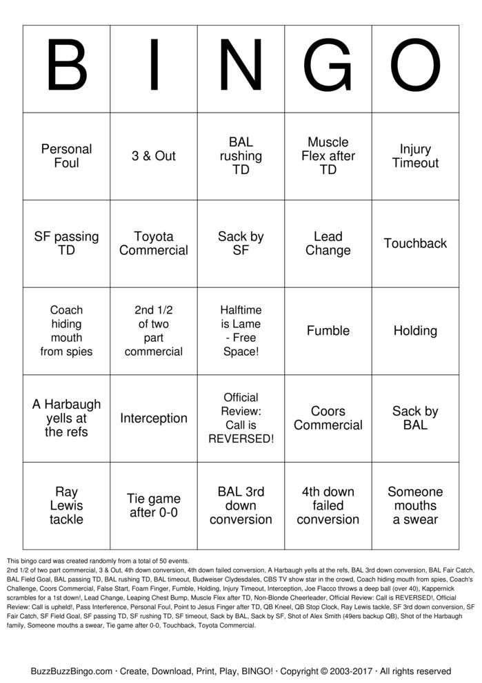 2013 Superbowl BAL vs SF Bingo Cards to Download, Print and Customize!