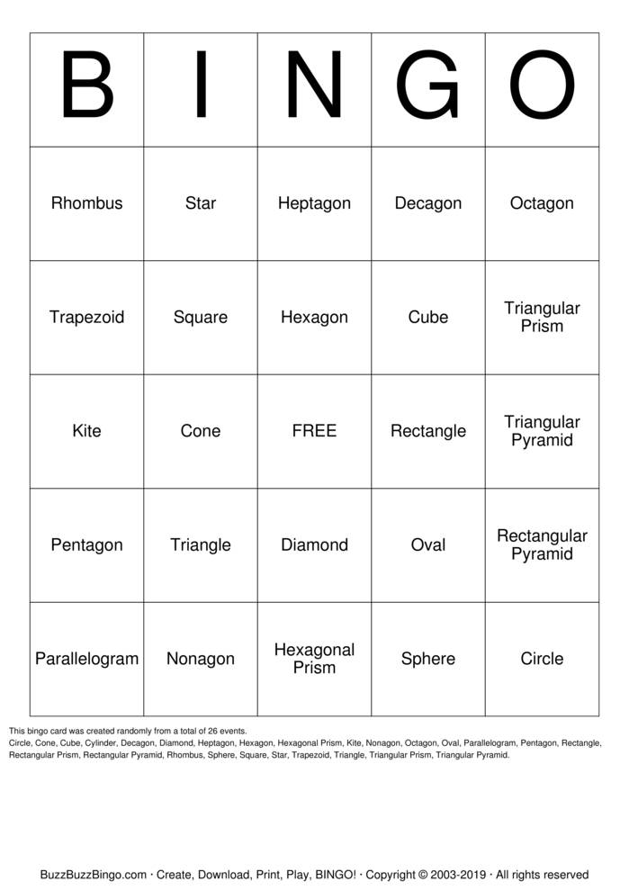 2D and 3D Shapes BINGO Bingo Cards to Download, Print and Customize!