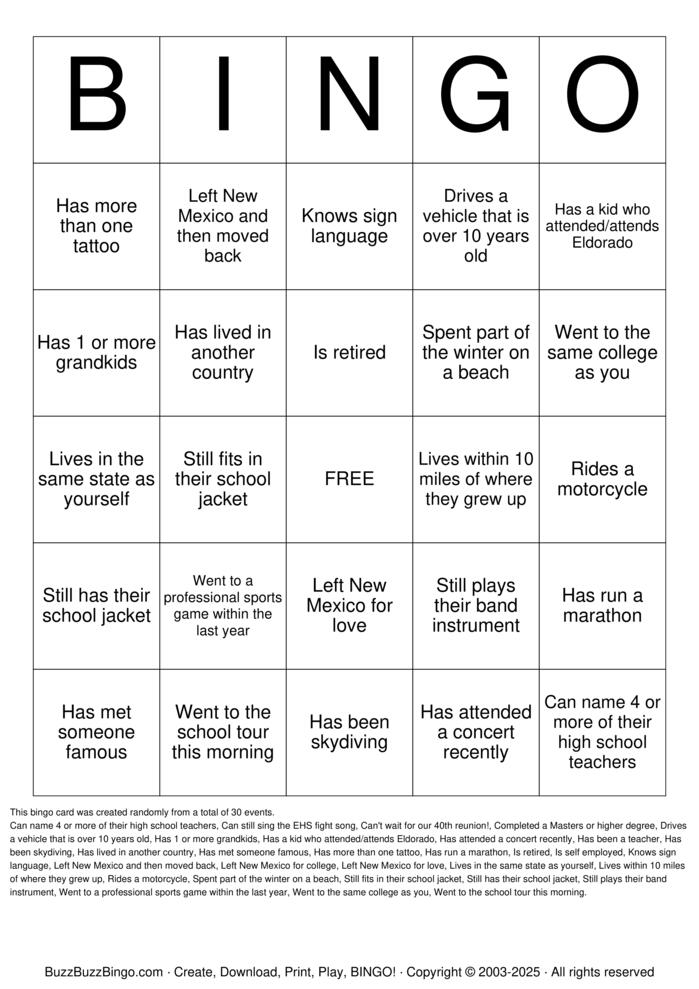 Class Reunion Bingo Cards to Download, Print and Customize!
