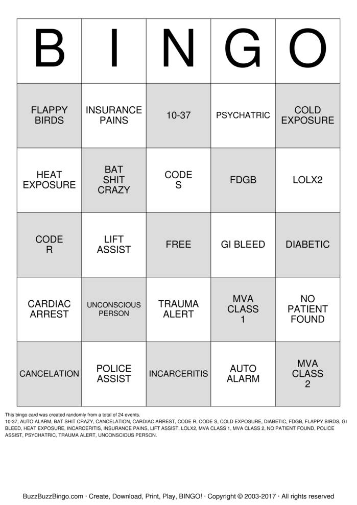 EMS Bingo Cards to Download, Print and Customize!