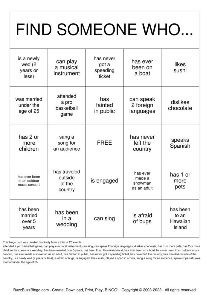 Find Someone Who... Bingo Cards to Download, Print and Customize!