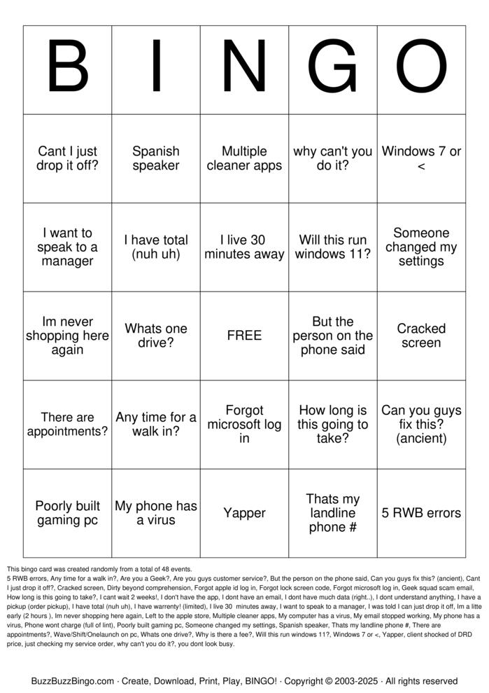 Geek Squad Bingo Cards to Download, Print and Customize!