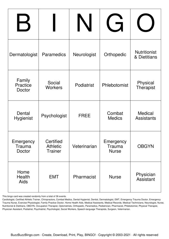 Health Care Careers Bingo Cards to Download, Print and Customize!
