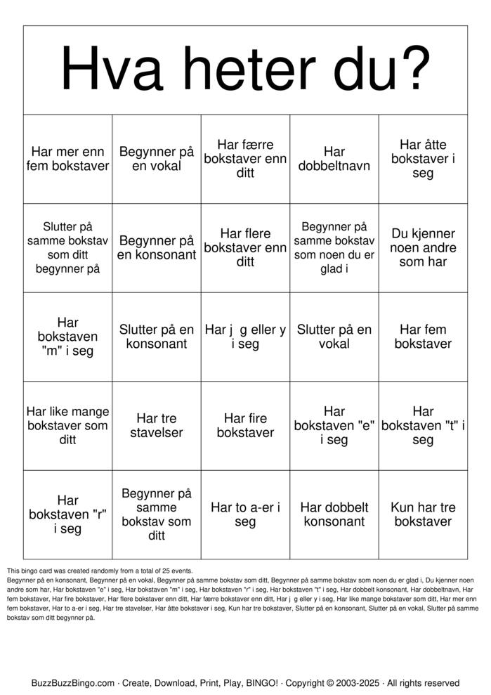 Hva heter du? Bingo Cards to Download, Print and Customize!