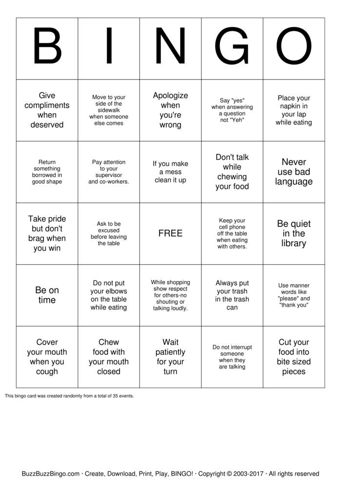 Manners Bingo Cards to Download, Print and Customize!