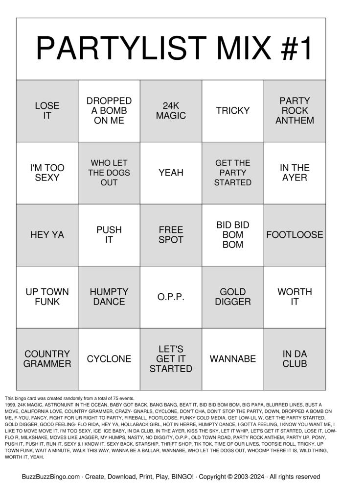 PARTY LIST MIX #1 Bingo Cards to Download, Print and Customize!