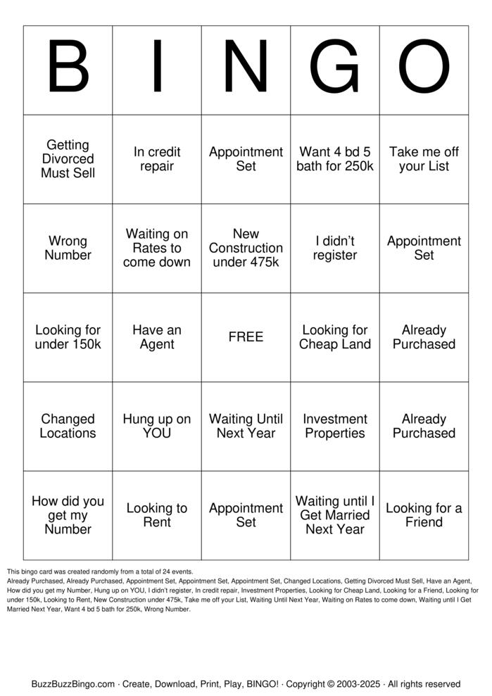 Real Estate Bingo Bingo Cards to Download, Print and Customize!