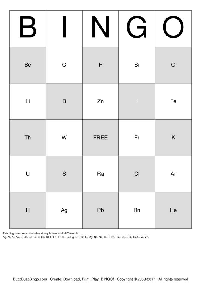 Scientific Elements Bingo Cards to Download, Print and Customize!