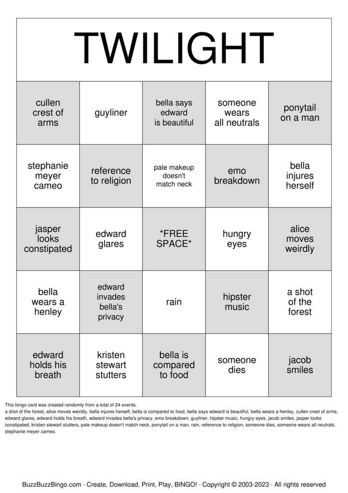 TWILIGHT BINGO Bingo Cards to Download, Print and Customize!