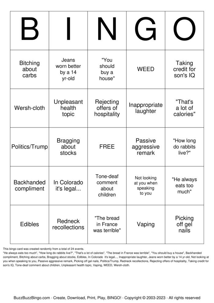 White trash Bingo Cards to Download, Print and Customize!