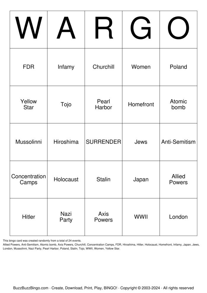 World War II Bingo Cards to Download, Print and Customize!