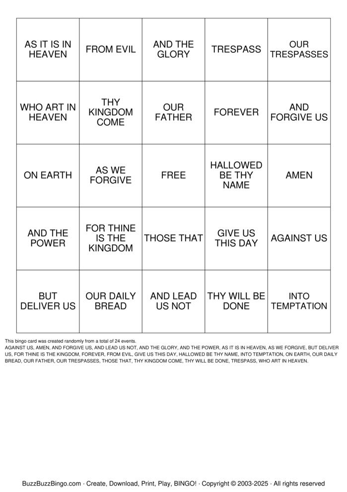 the lords prayer Bingo Cards to Download, Print and Customize!