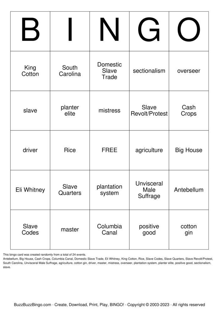8-3.1 Antebellum South Bingo Cards to Download, Print and Customize!