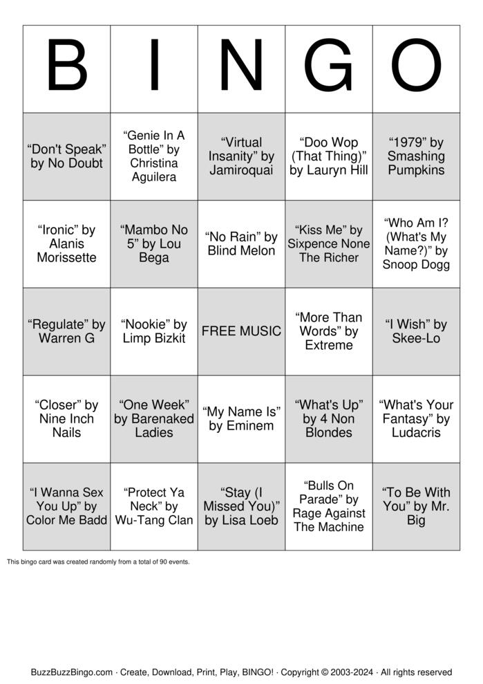 90's Music Bingo (1) Bingo Cards to Download, Print and Customize!