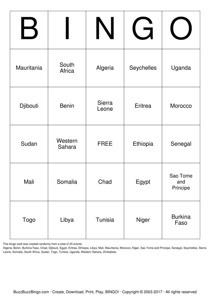 African Counties Bingo Bingo Cards to Download, Print and Customize!