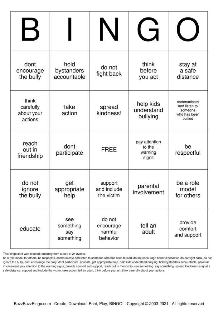 Anti-Bullying- Child Dev. Bingo Cards to Download, Print and Customize!
