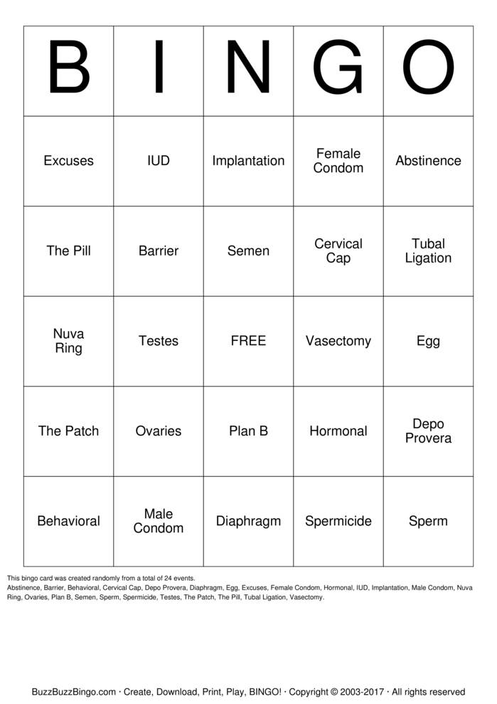 Contraception Bingo Cards to Download, Print and Customize!
