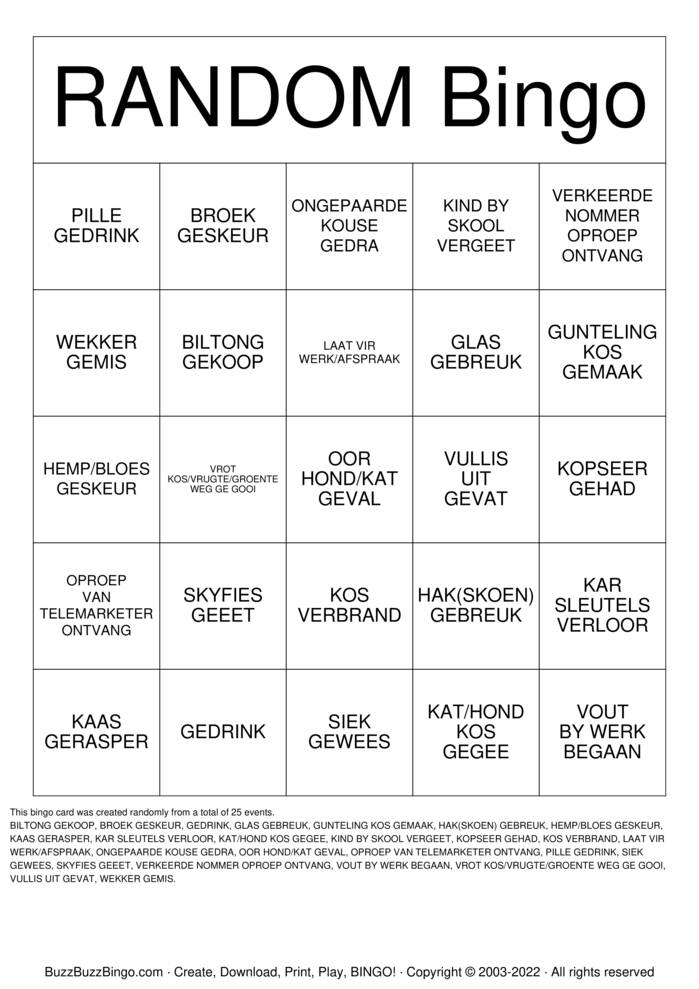 Die week Bingo Bingo Cards to Download, Print and Customize!