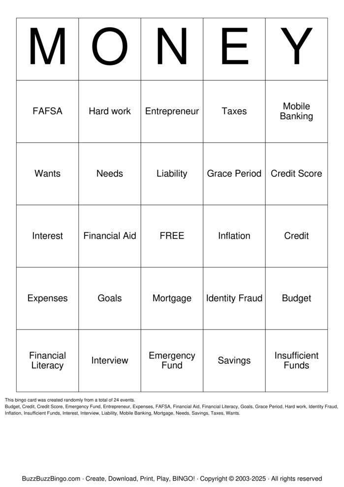 Financial Literacy Bingo Cards to Download, Print and Customize!