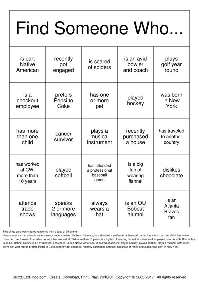 Find Someone Who... Bingo Cards to Download, Print and Customize!