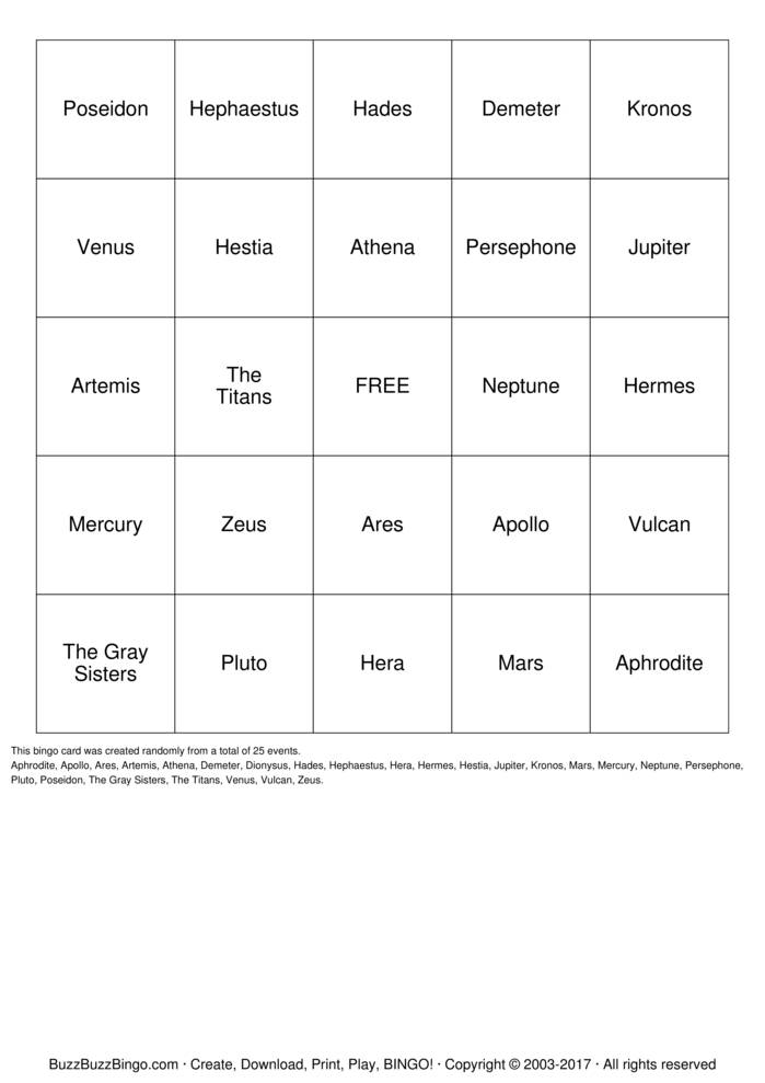 Greek Mythology Bingo Cards to Download, Print and Customize!