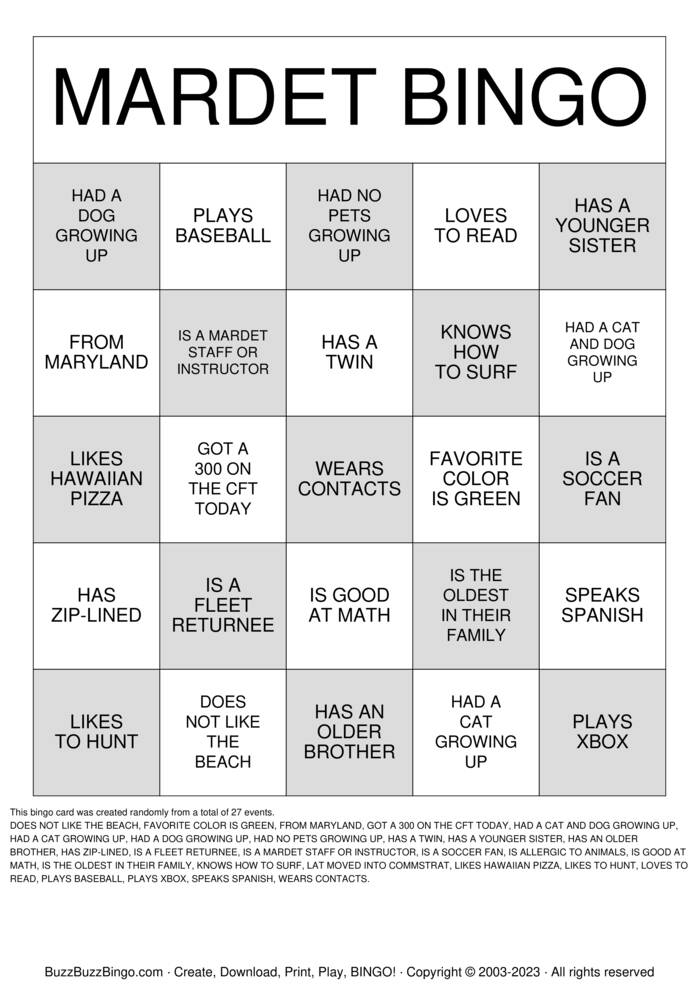 MARDET Bingo Bingo Cards to Download, Print and Customize!