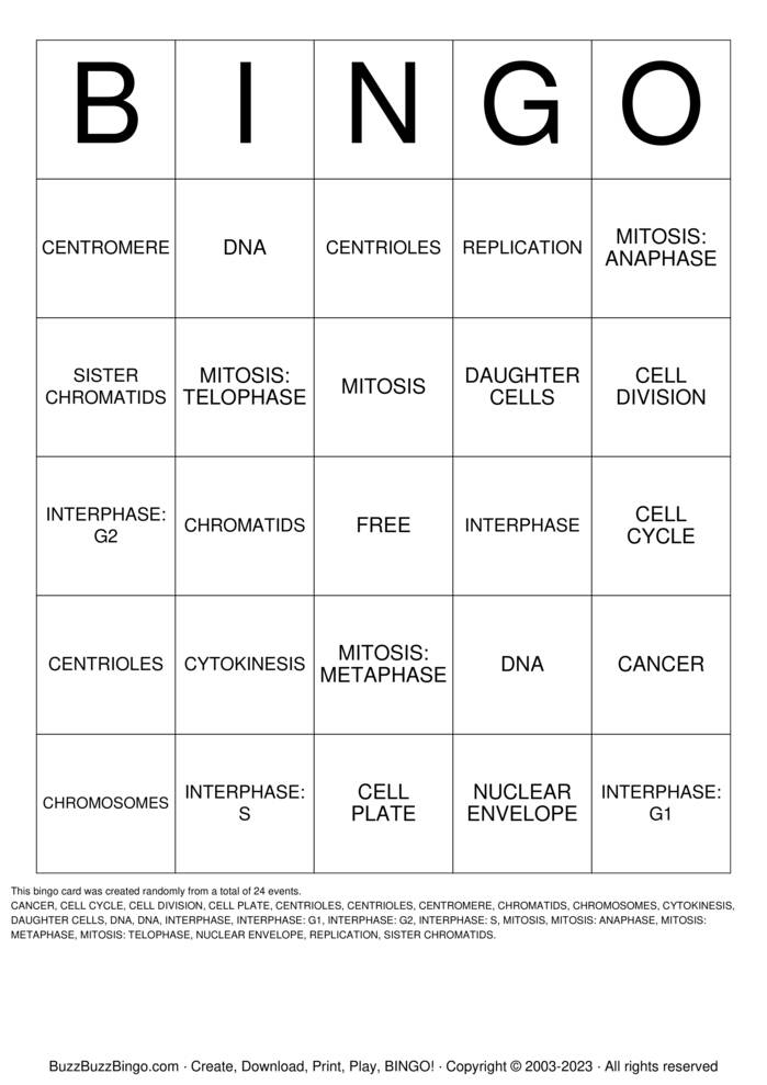 MITOSIS Bingo Cards to Download, Print and Customize!
