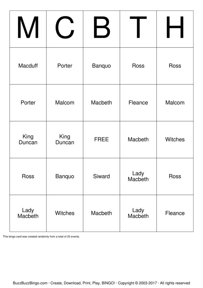 MacBeth Bingo Cards to Download, Print and Customize!