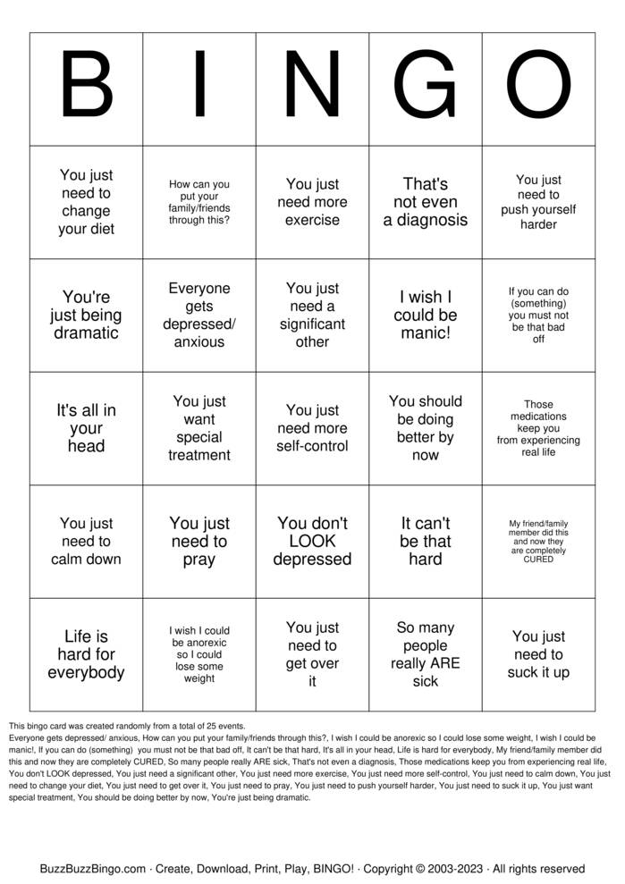 Mental Illness Stigma Bingo Cards to Download, Print and Customize!